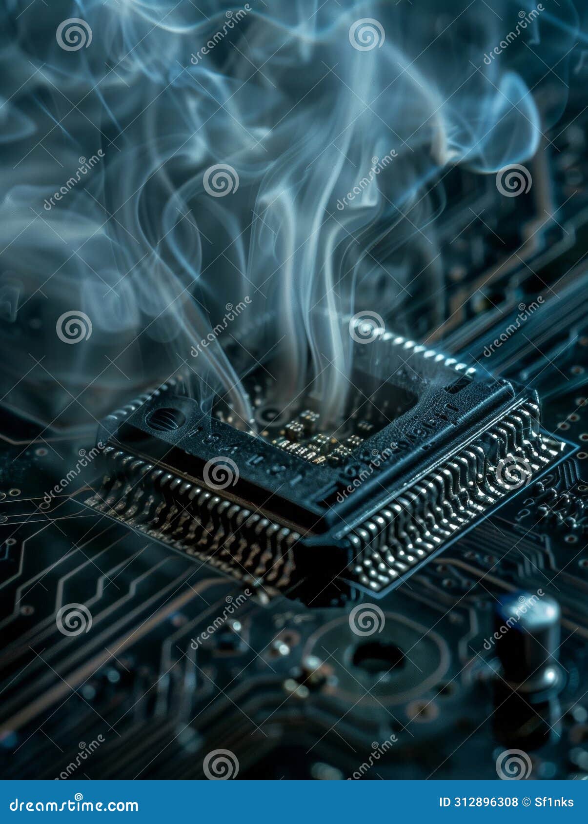 Close-up of a Smoking Computer Chip, Depicting Technology Failure or ...