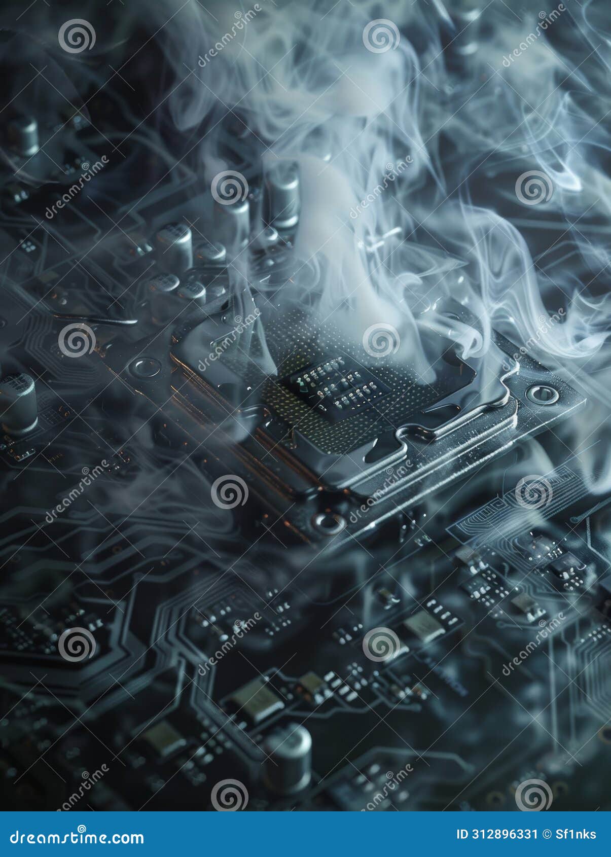 Close-up of a Smoking Computer Chip, Depicting Technology Failure or ...