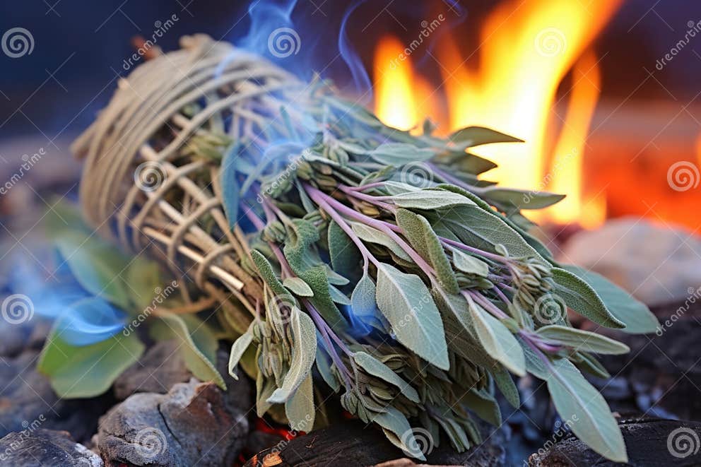 Close-up of Smudging Sage Bundle Over a Flame Stock Illustration ...