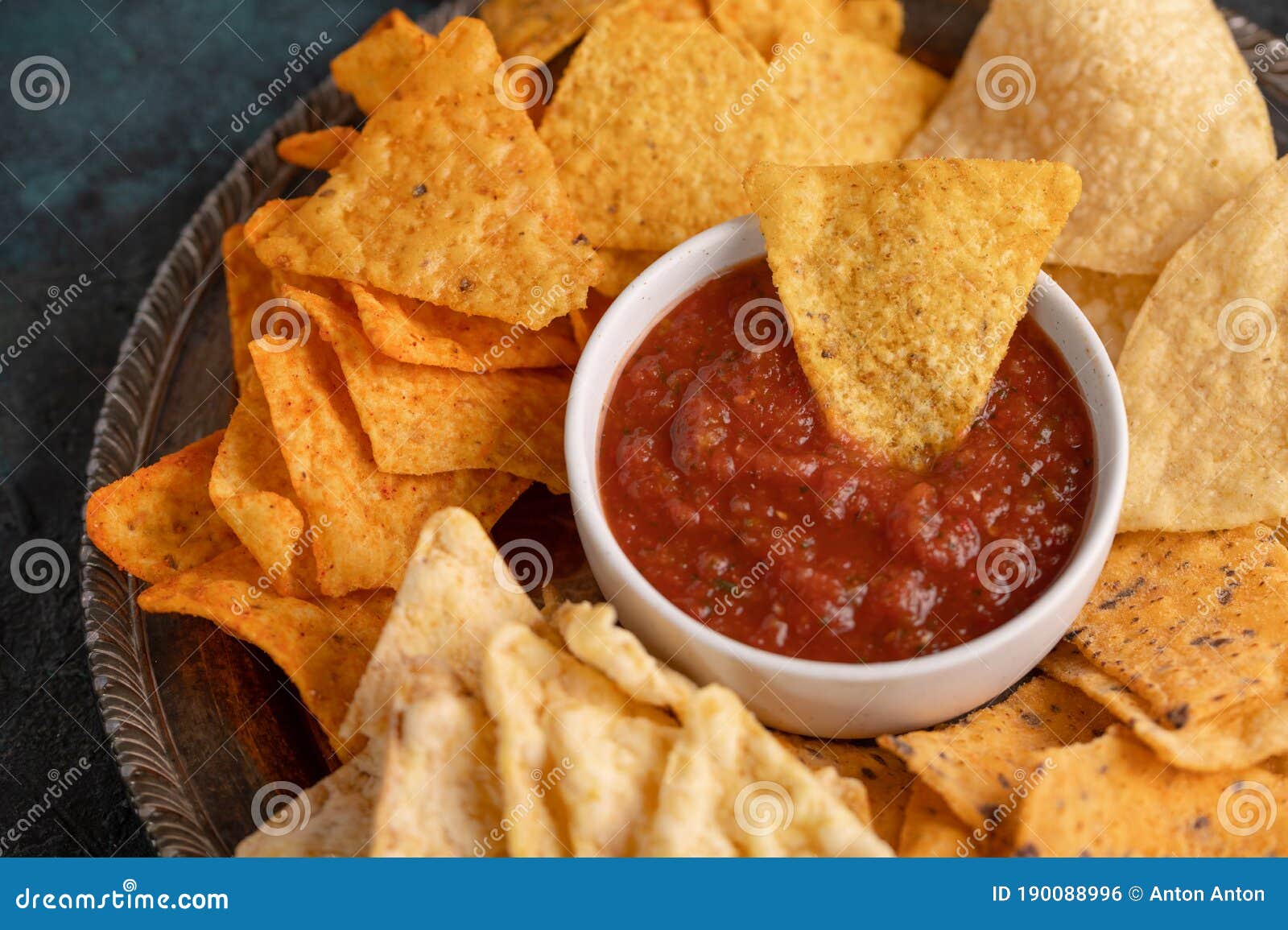 Close-up Snacks and Chips with Salsa or Dip for Potato or Pita Chips ...