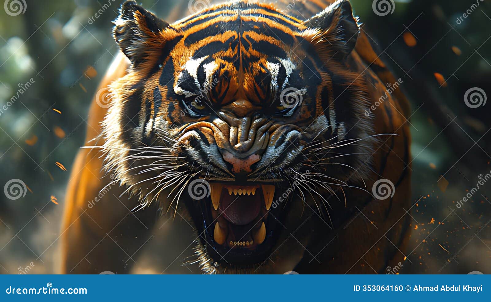 Close-up of a Snarling Tiger in a Dark Forest Stock Illustration ...