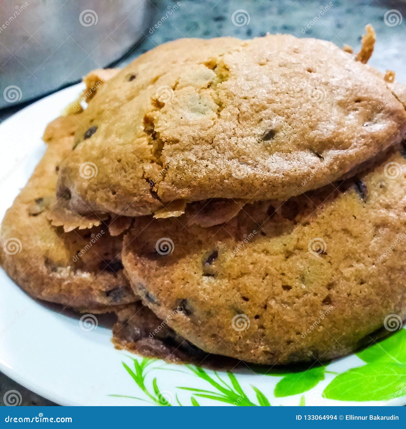 Close Up Soft Chewable Chocolate Chips Cookies on a Plate. Stock Photo ...