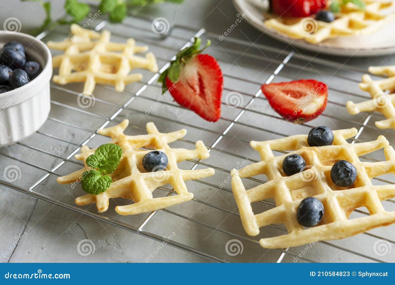Close-up of Soft Viennese Waffles on the Wire Rack with Blueberries ...
