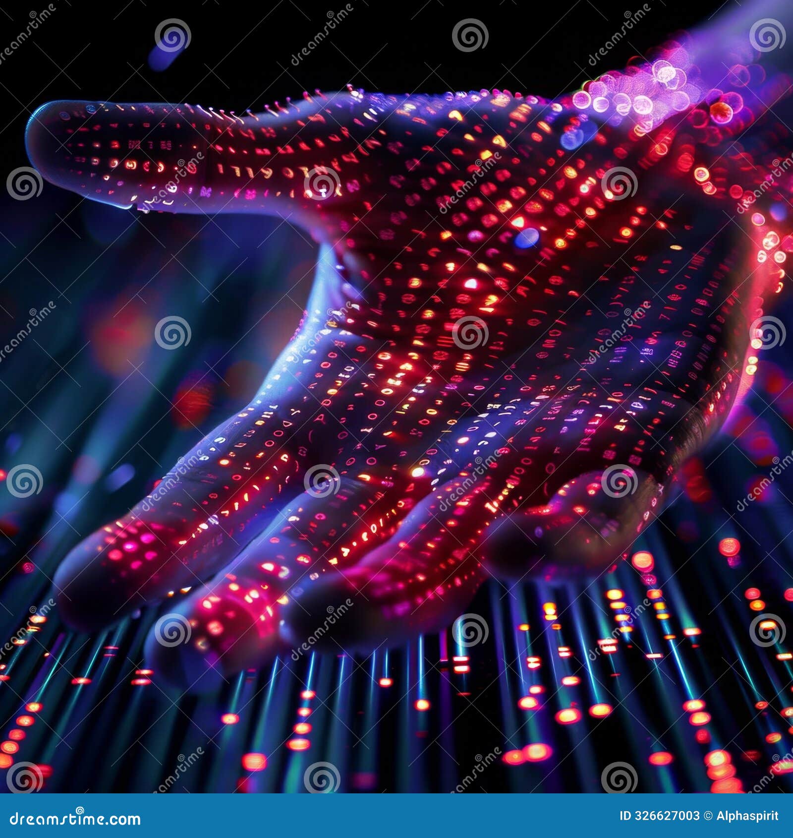 Close Up of a Software Developer Hand Touching a Digital Data Flow with Binary Code Stock Image ...