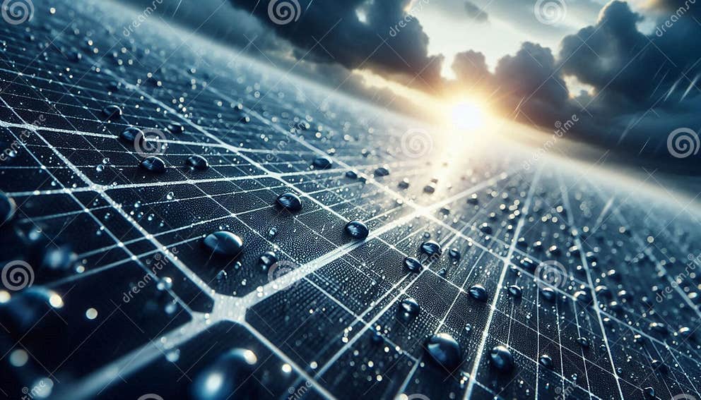 Close-Up of Solar Panel Cells with Raindrops Glinting Under a Cloudy ...