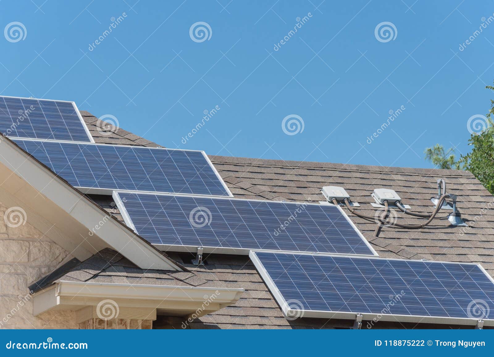 Solar Panel System with Attic Junction Box and Trees Stock Photo ...