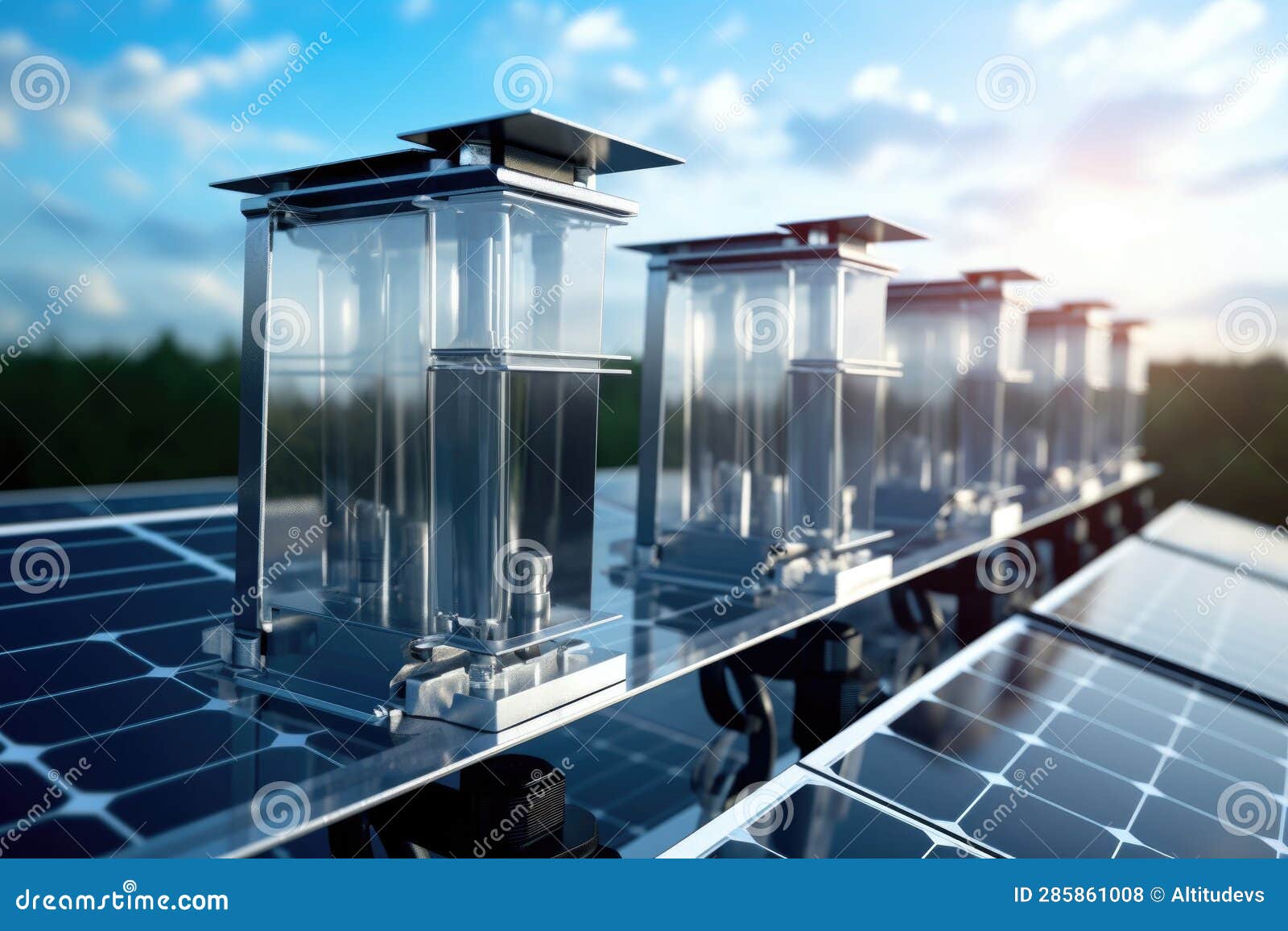 Close-up of Solar Panels Powering Electrolyzers for Hydrogen Production ...