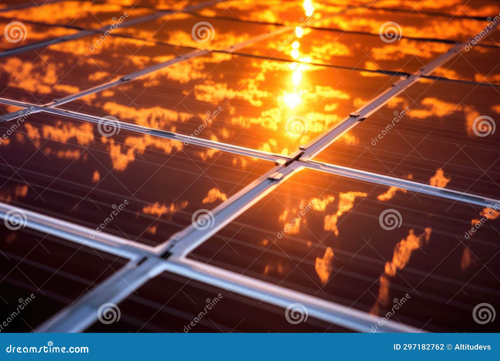 Close-up of Solar Panels with a Setting Sun Reflection Stock Photo ...