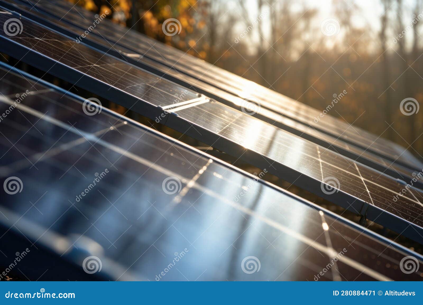 Close-up of Solar Panels, with Sun Shining Down and Casting Shadows ...