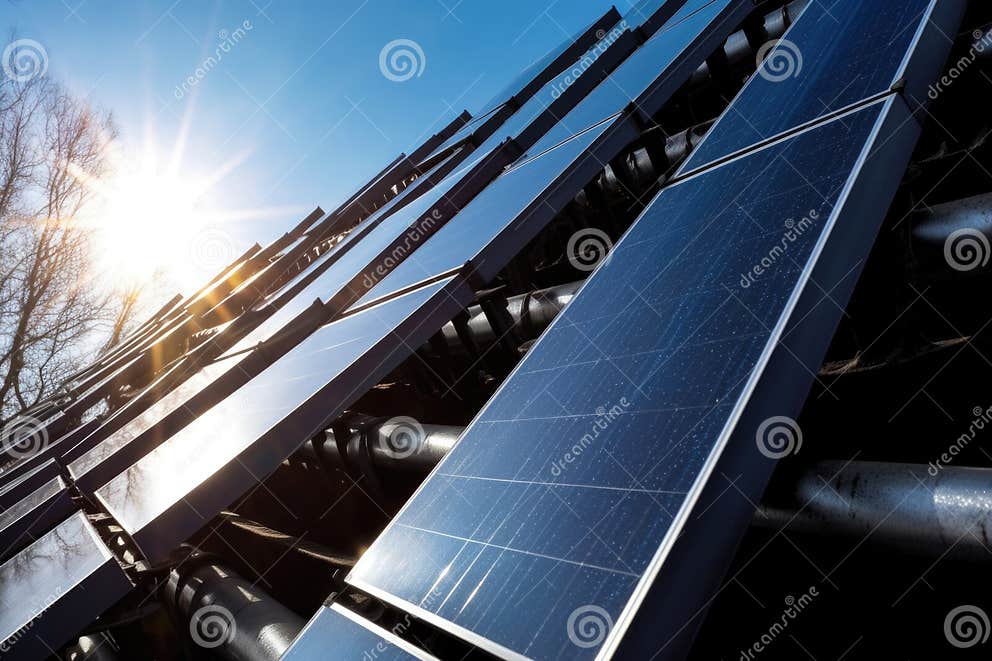 Close-up of Solar Panels, with Sun Shining Down and Casting Shadows ...