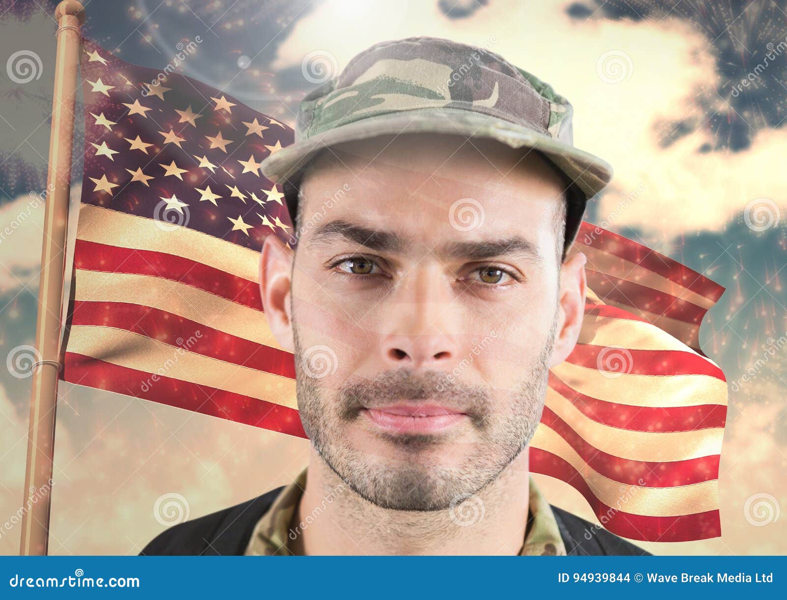 Close Up of Soldier Face in Front of American Flag Stock Photo - Image ...