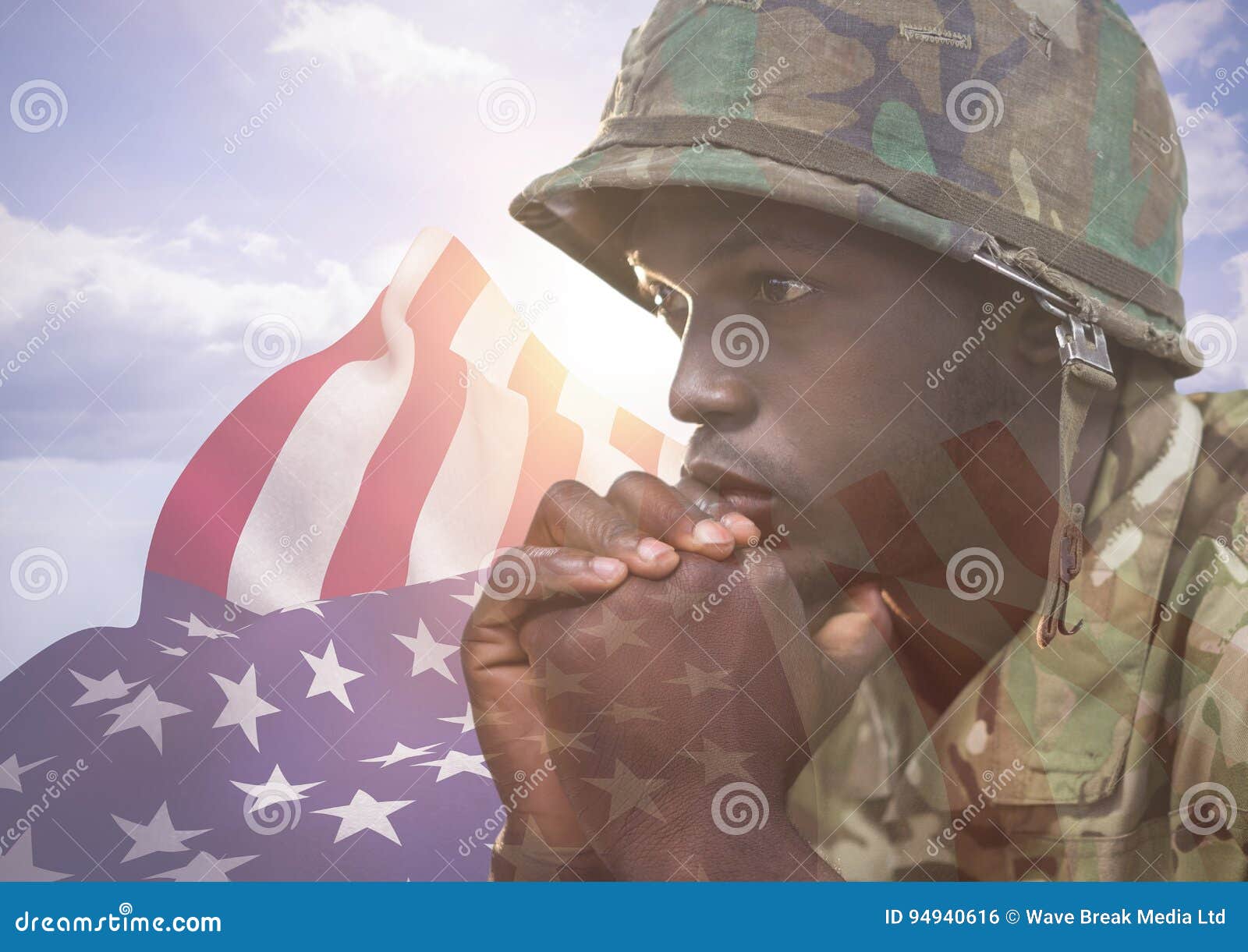 Close Up of Soldier Face in Front of the American Flag Stock ...