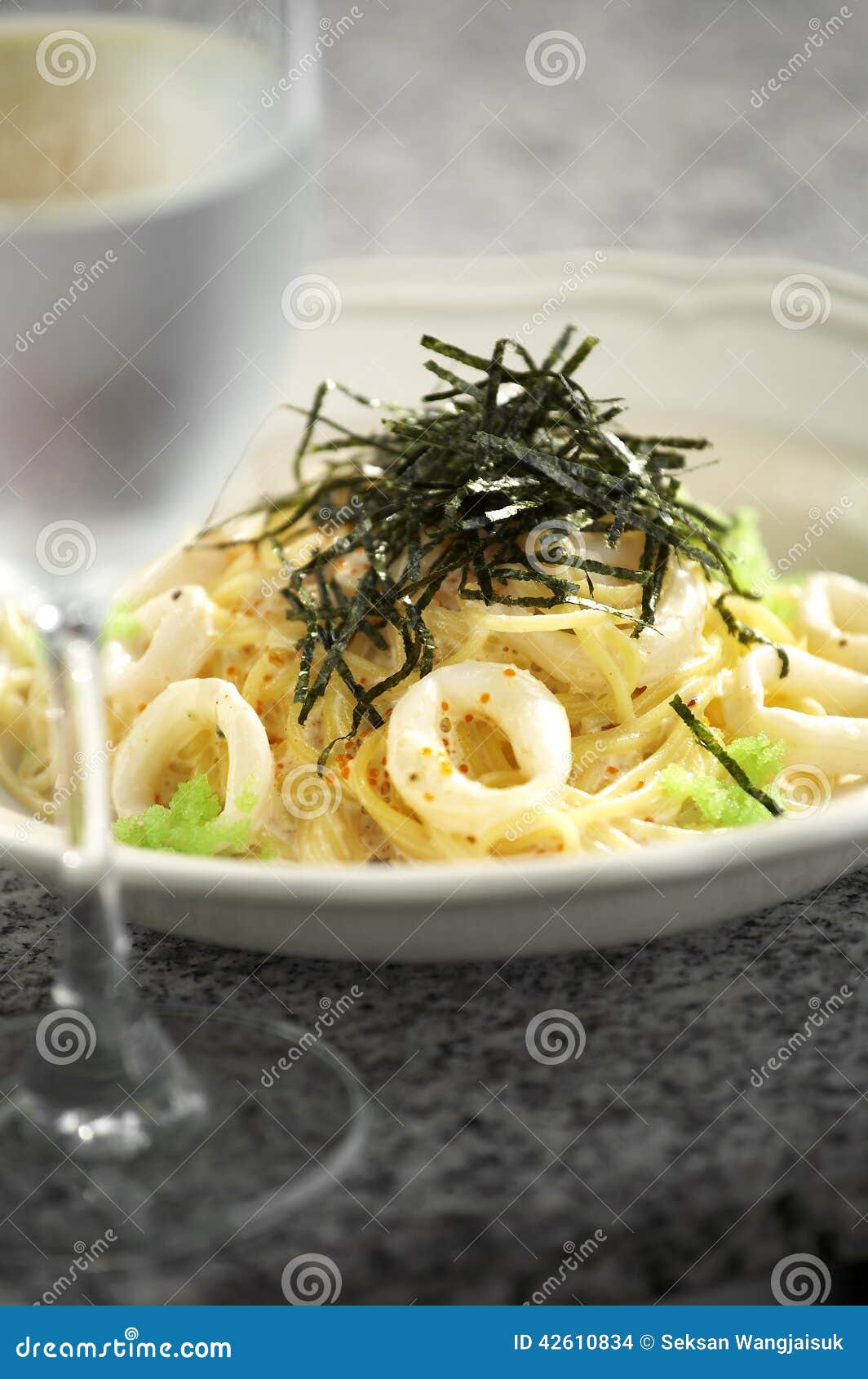 Close Up Spaghetti and Squid Sauce Stock Photo - Image of healthy ...