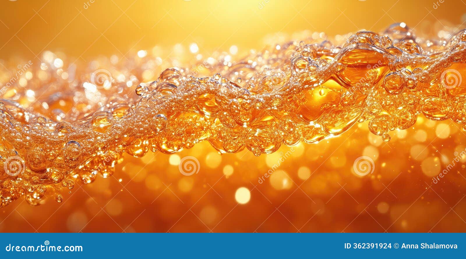 Close-up of Sparkling Amber Liquid with Bubbles Under Golden Light ...