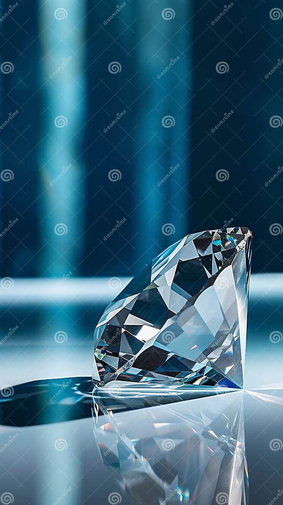 Close-up of a Sparkling Diamond on a Reflective Surface, Blue ...