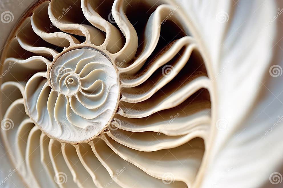 Close-up of a Spiraling Nautilus Shell Stock Photo - Image of curved ...