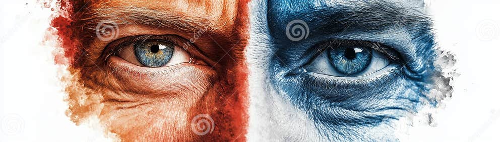 Close-up of a Split Face with a Blue and a Red Side, Both Eyes Open ...