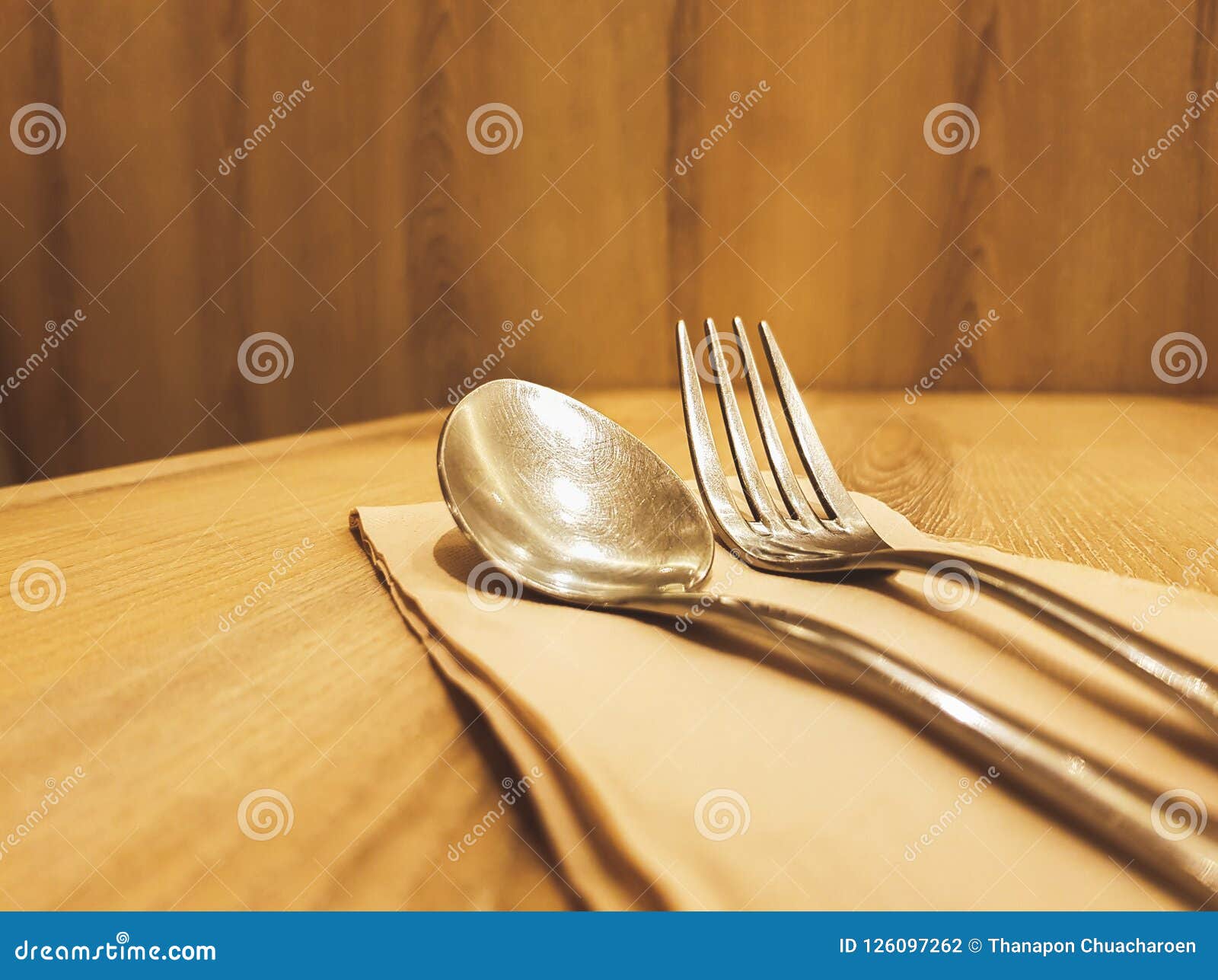 Spoon and Fork on Wooden Table Stock Photo - Image of restaurant, view ...