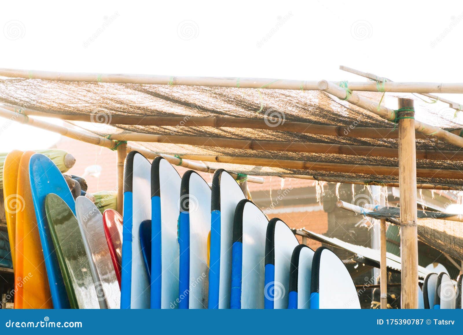 Close Up Stack of Blue Color Soft Surfboards in a Stack by Ocean.Bali ...