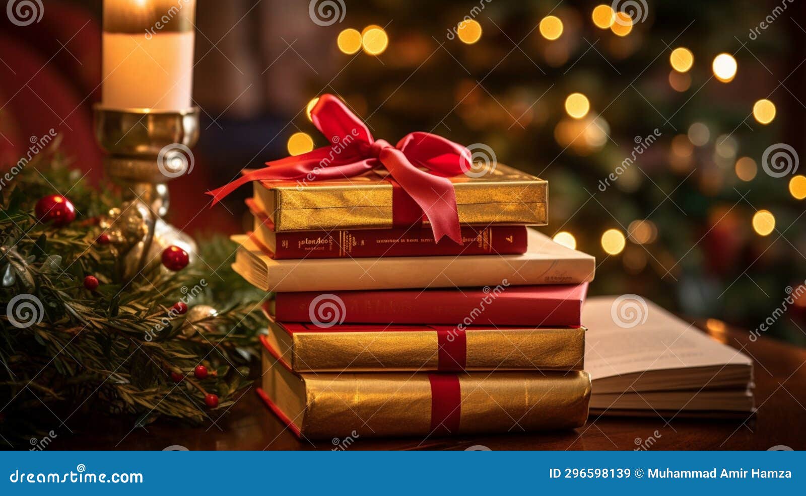 A Close-up of a Stack of Classic Holiday Books, Adorned with Festive ...