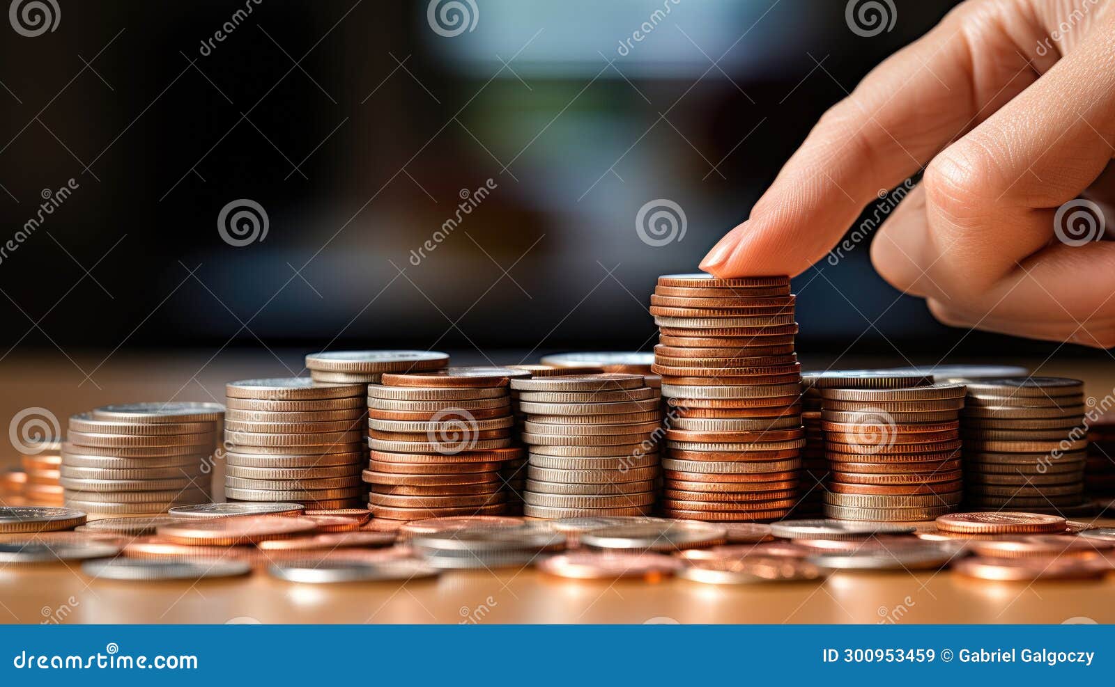 Close-up Stack of Coins Isolated with Hand and Finger Touching Pile ...