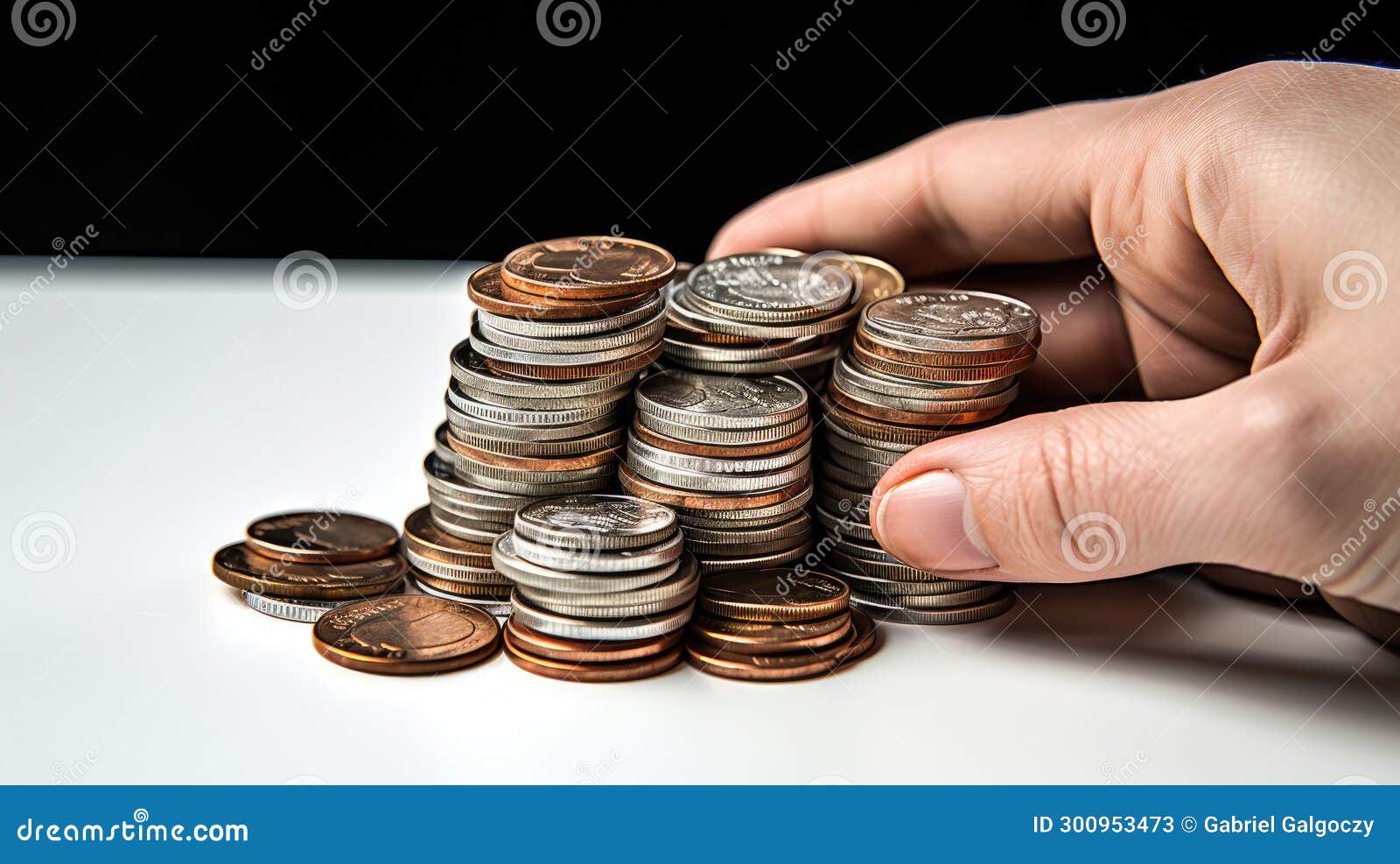 Close-up Stack of Coins Isolated with Hand and Finger Touching Pile ...