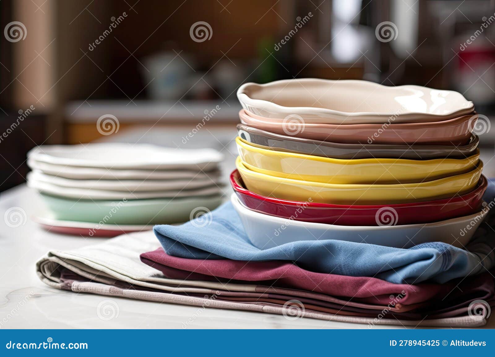 Close-up of Stack of Freshly Washed Dishes, with Drying Cloth Visible ...