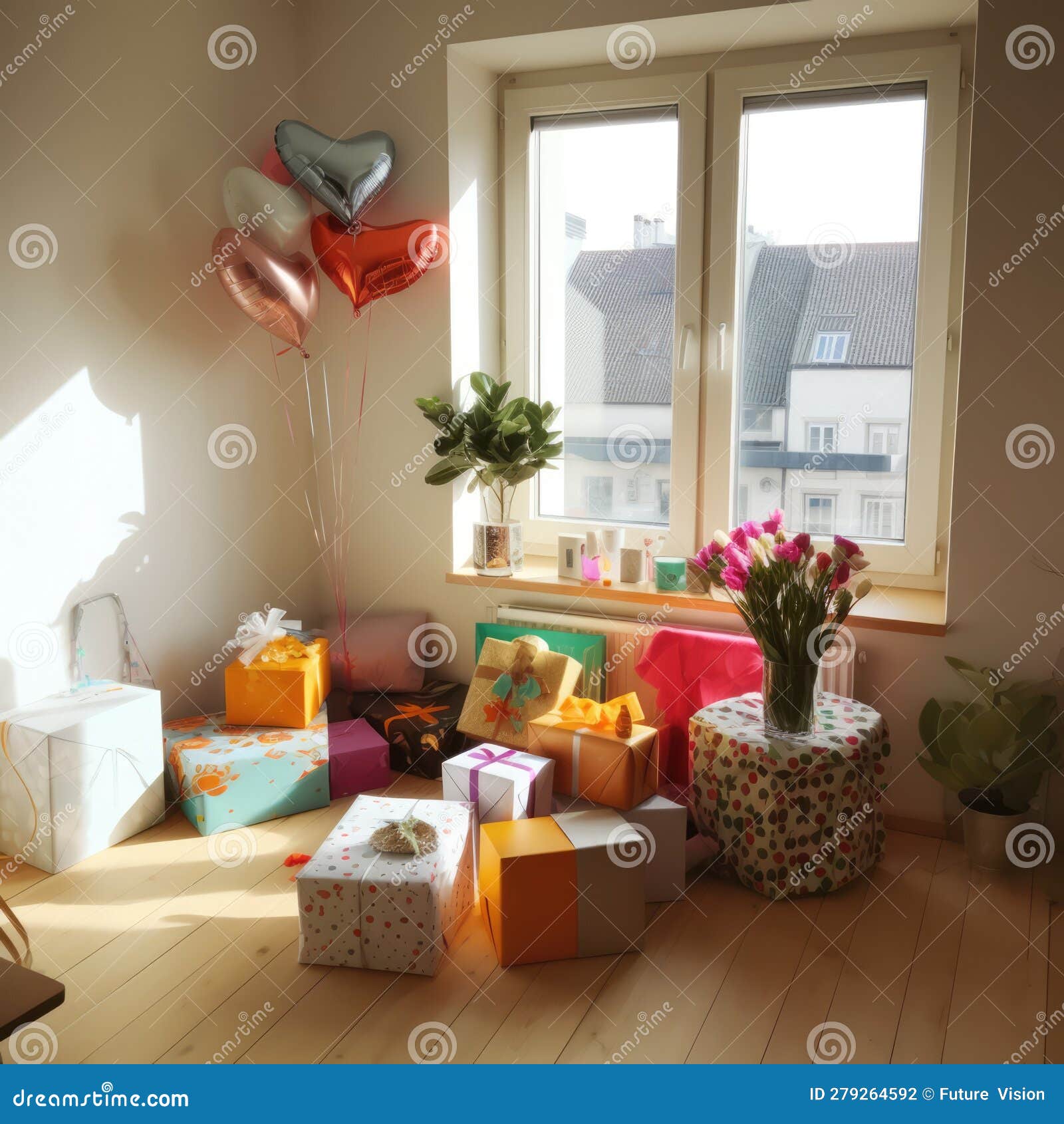 Close Up of Stack of Gifts with Ribbon and Balloons, Created Using ...