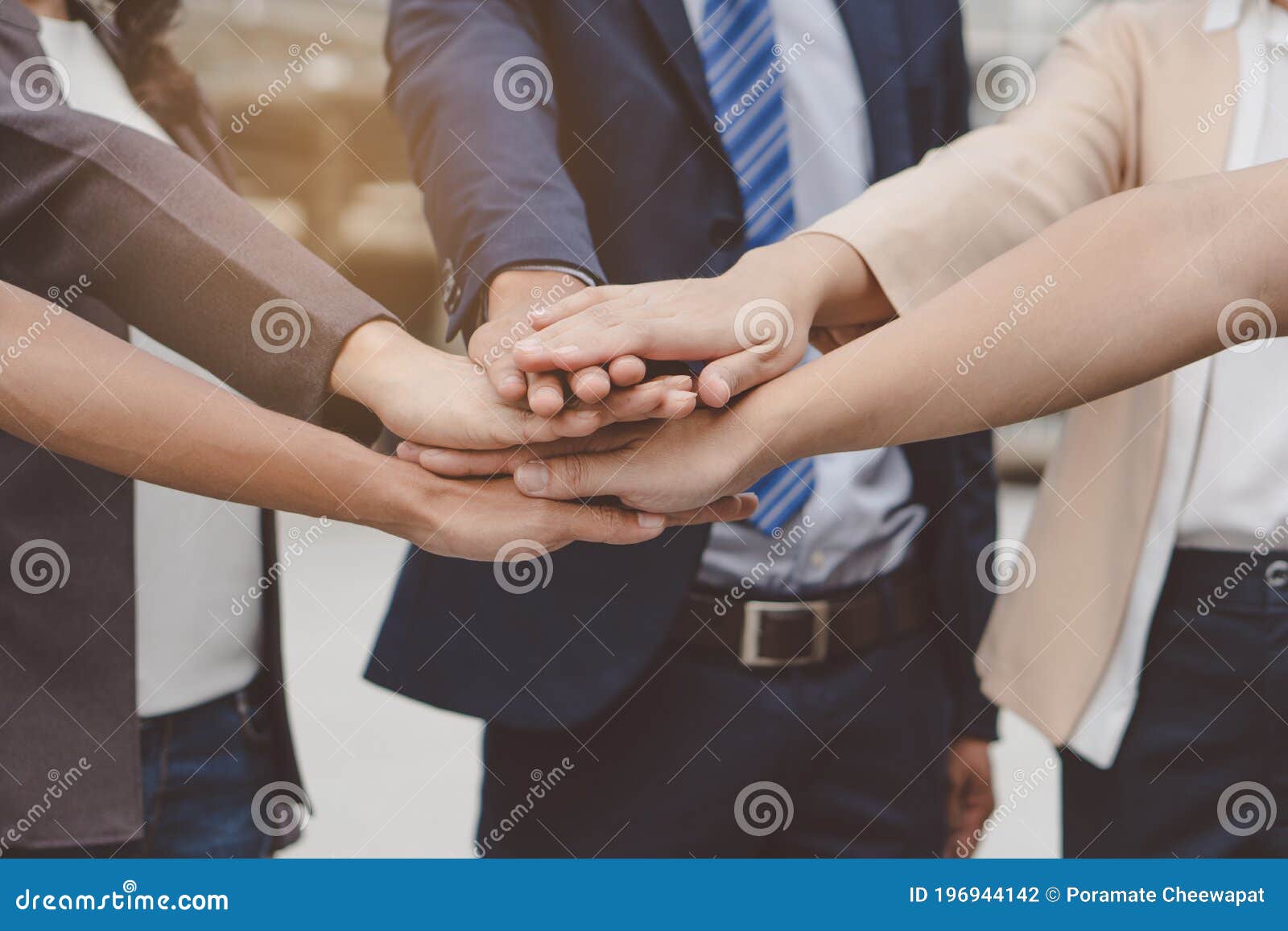 Close Up Stack Hands of Employees in the Company Showing Power of ...