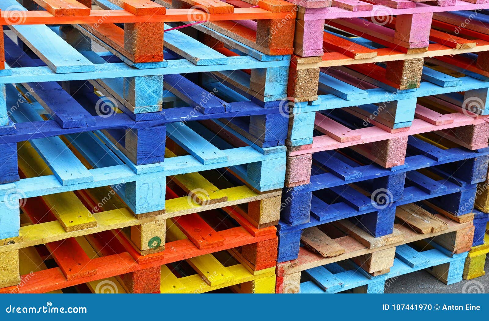Stack of Many Multicolor Painted Wooden Pallets Stock Photo - Image of ...