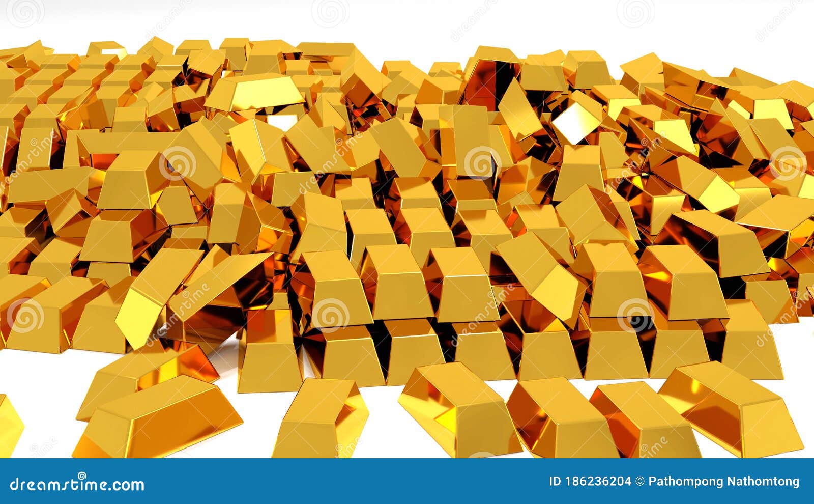 Stack Pile of Gold Bar Scattered, 3d Rendering Stock Illustration ...