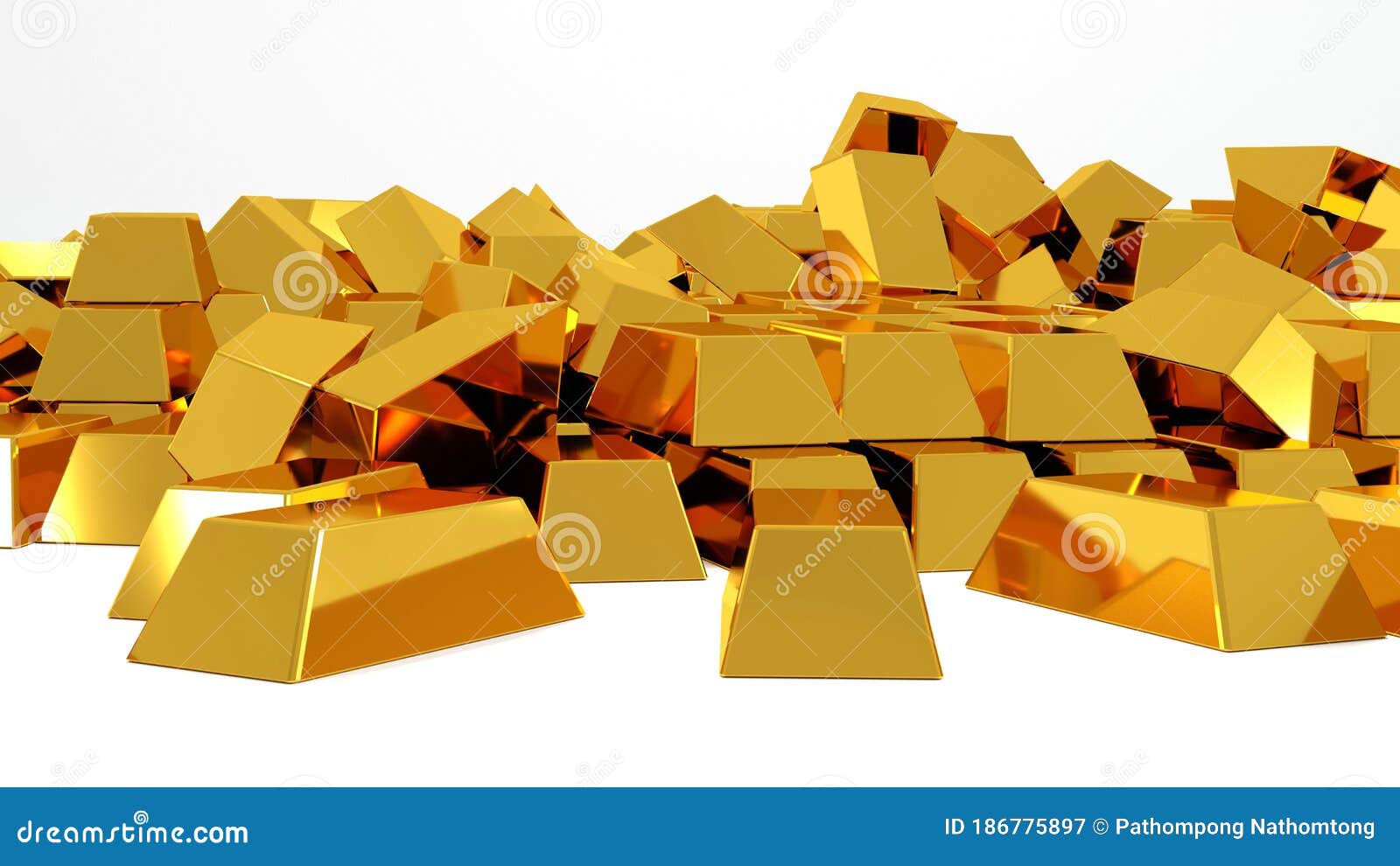 Stack Pile of Gold Bar Scattered, 3d Rendering Stock Illustration ...