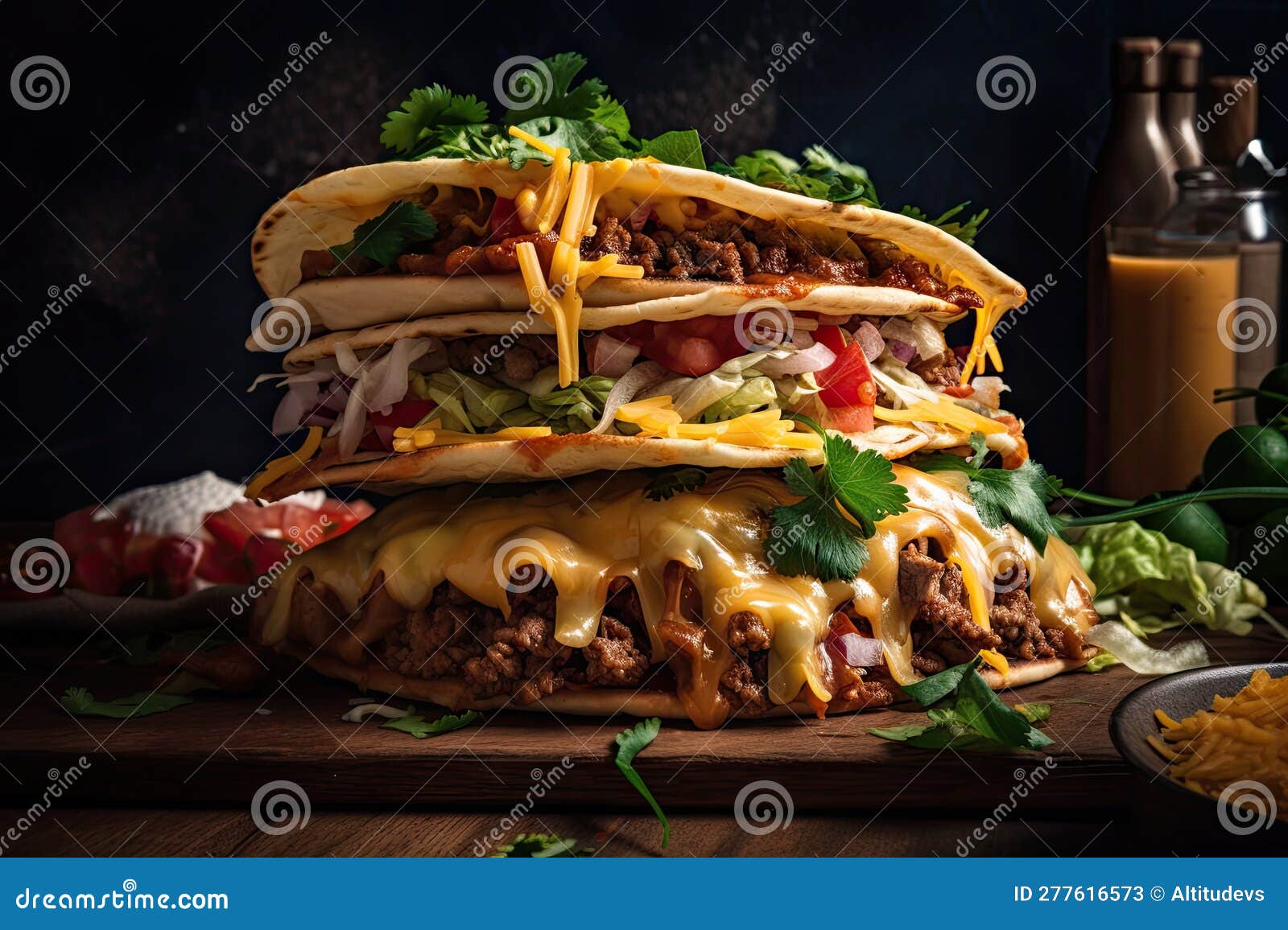 Close-up of a Stack of Tacos with Melted Cheese and Juicy Fillings ...