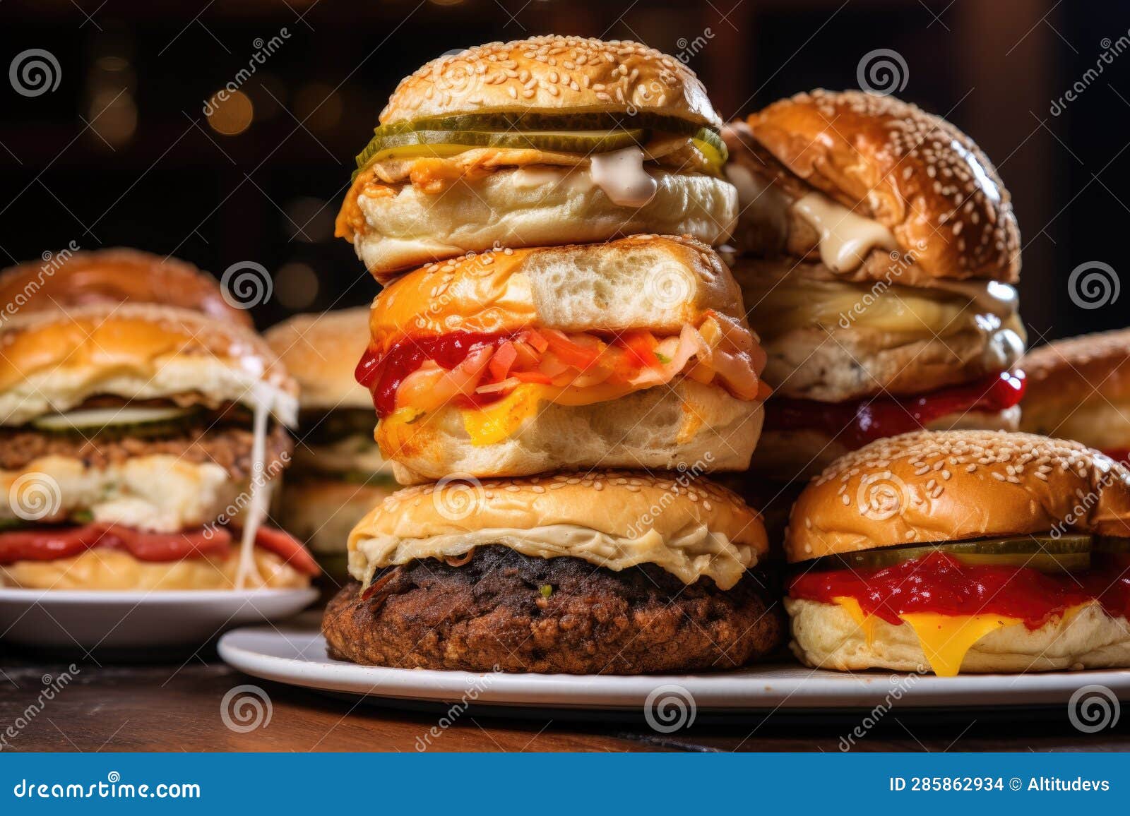 Close-up of Stacked Burger Buns and Condiments Stock Photo - Image of ...