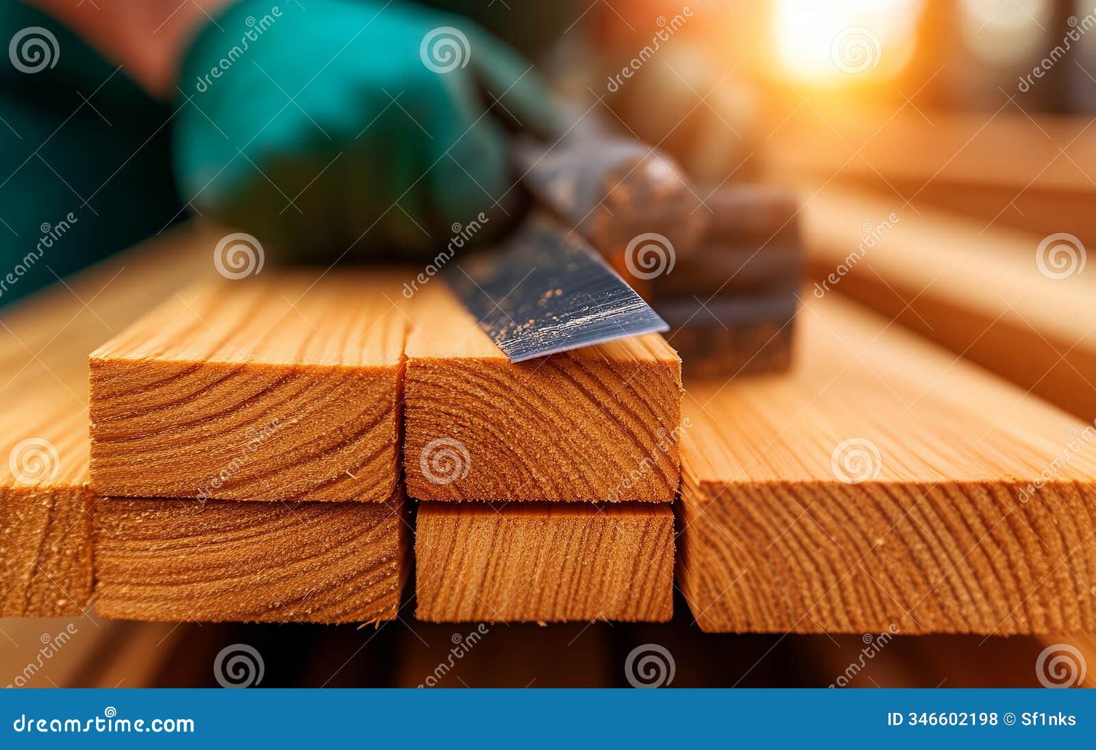Close Up of Stacked Wooden Planks with Carpenter Tools in Background ...