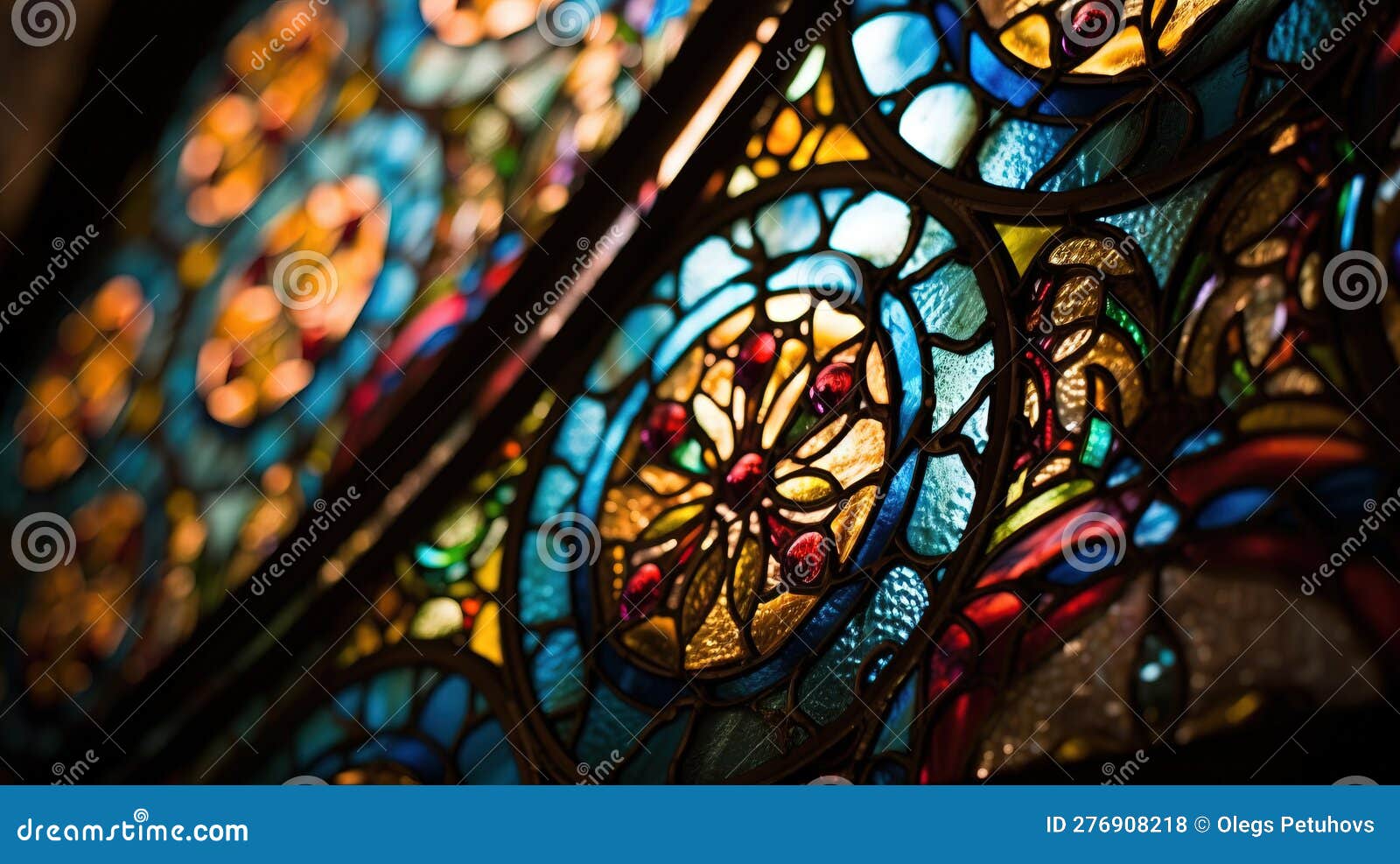 A Close Up of a Stained Glass Window in a Building with a Light Coming ...