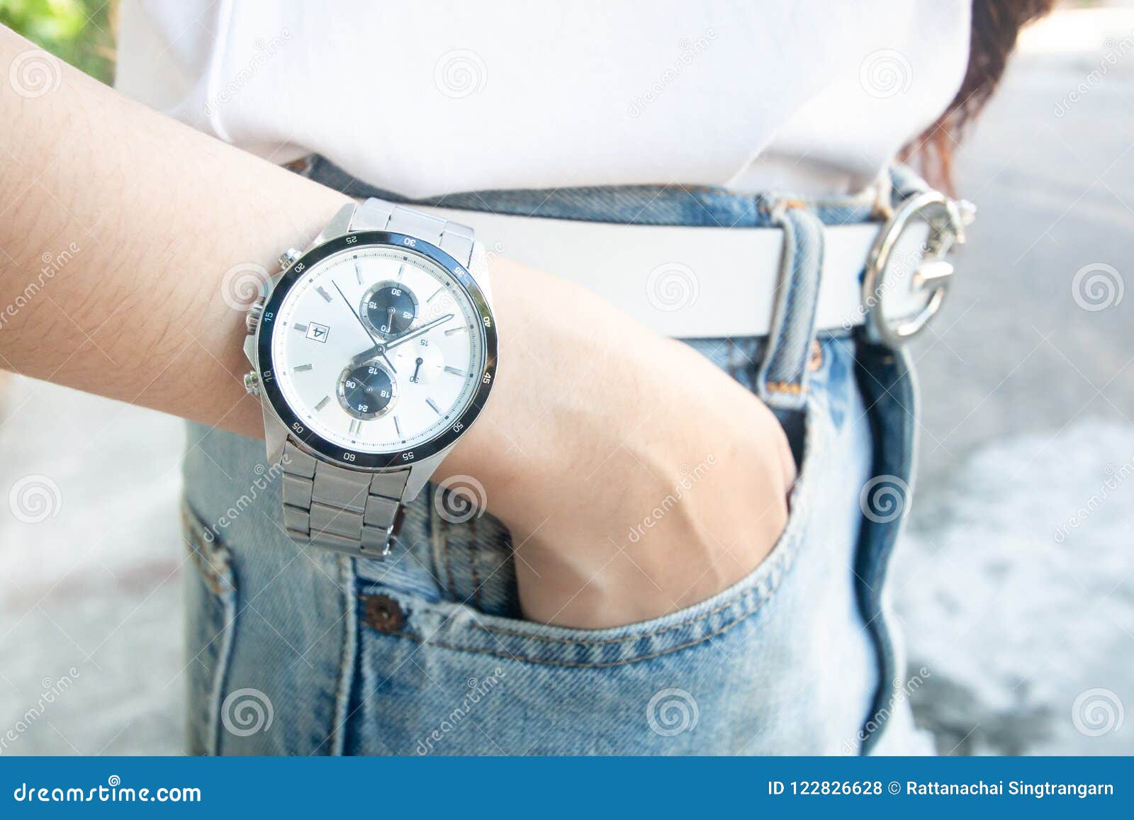 Close Up Stainless Steel Hand Watch and Model Posing Stock Photo ...