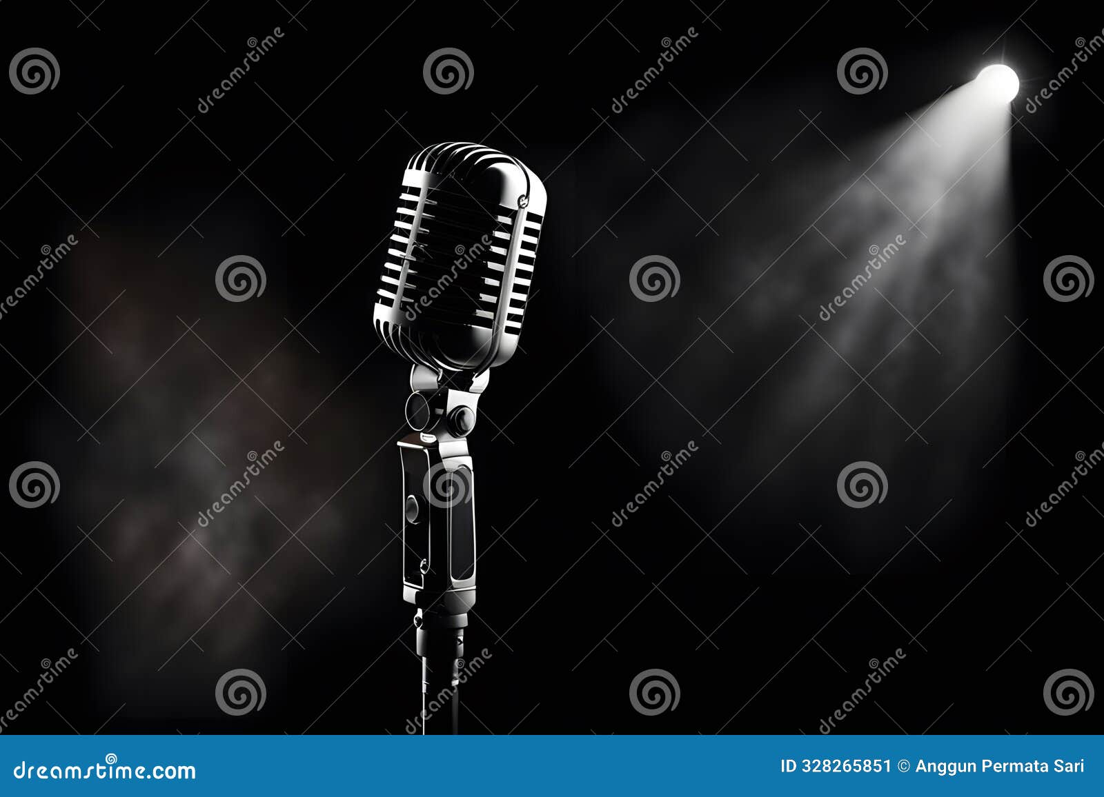 Close Up of a Standing Microphone with Spotlight on Black Background ...