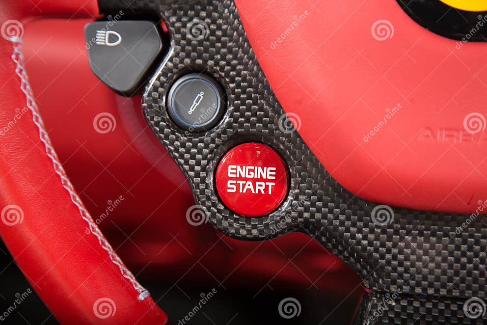 Close Up of Start Engine Button on Red Leather Car Steering Wheel Stock ...