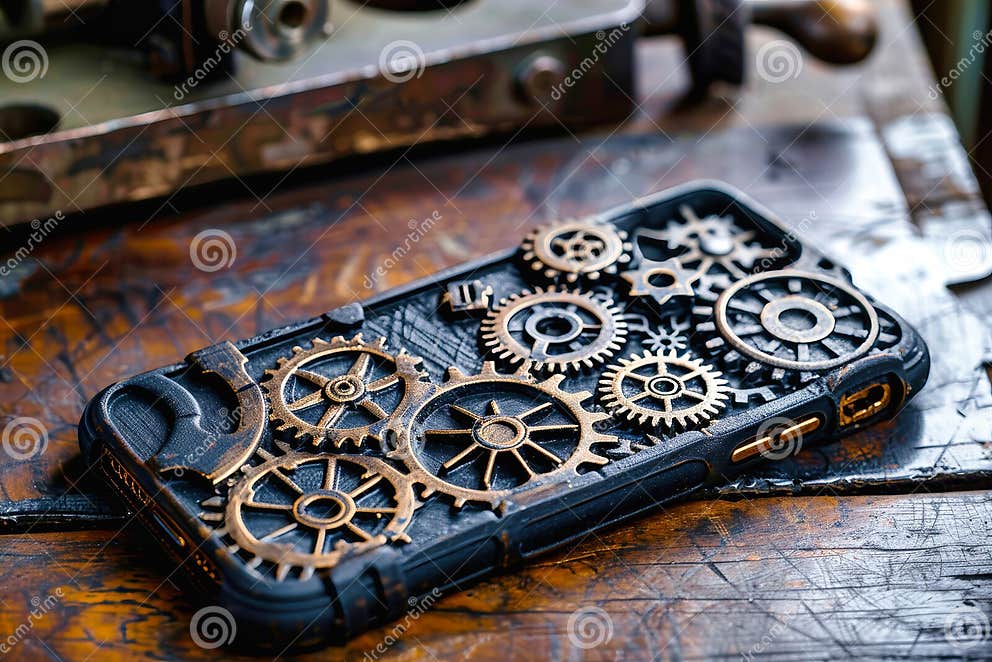 A Close-up of a Steampunk Smartphone Case Adorned with Intricate Gears ...
