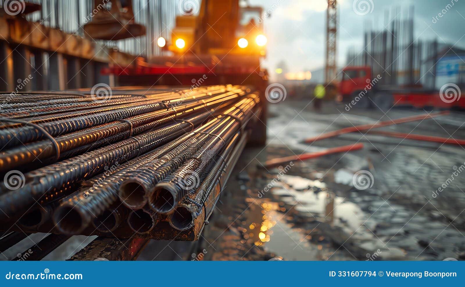 Close-up of Steel Rebar at a Construction Site, with a Crane and ...
