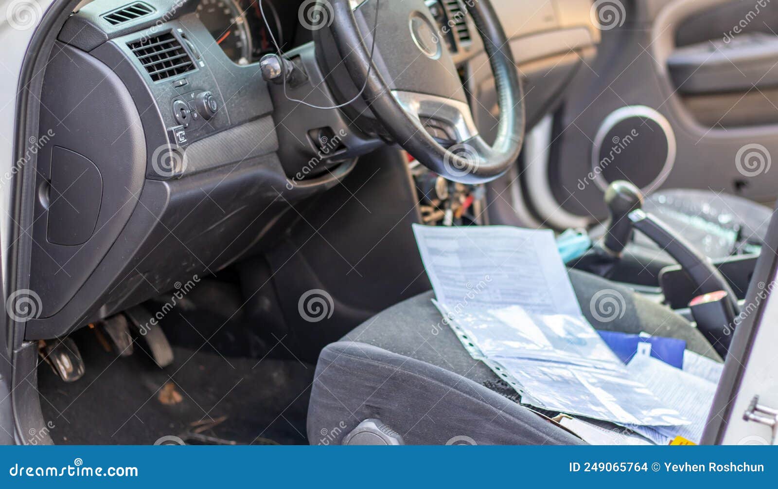 Close-up of the Steering Wheel of a Car after an Accident. the Driver`s ...
