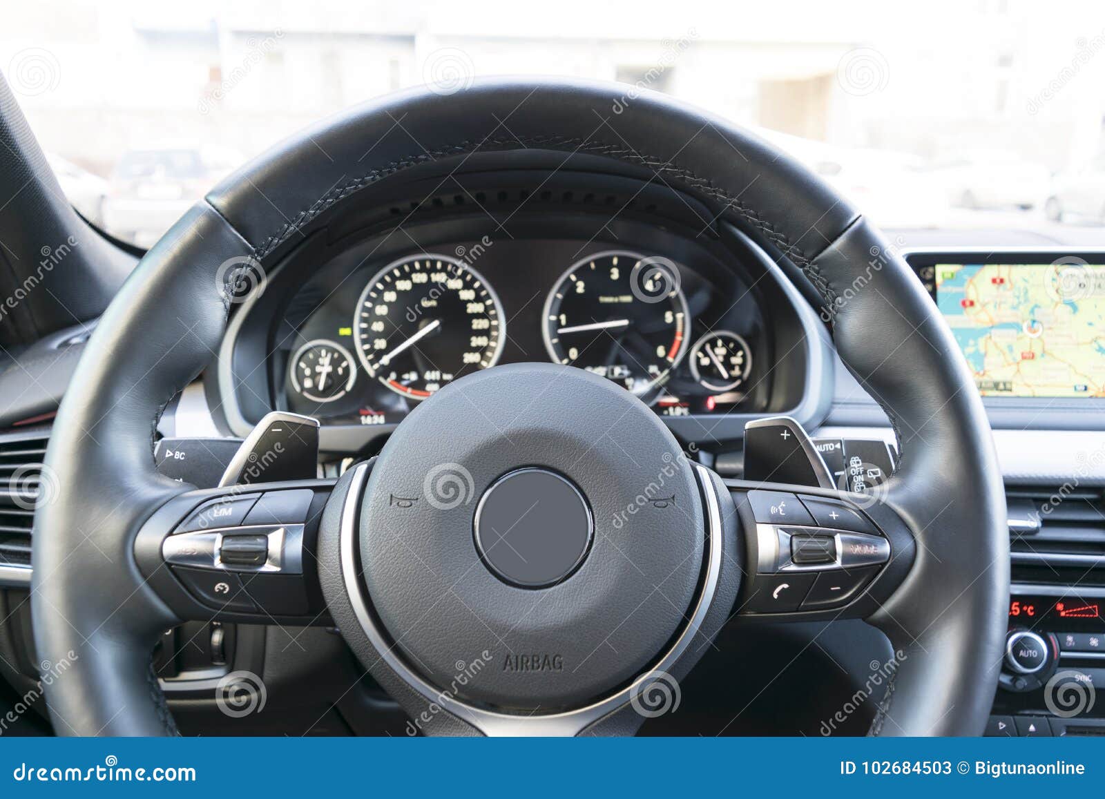 Close Up of Steering Wheel. Car Dashboard. Navigation Screen Stock ...