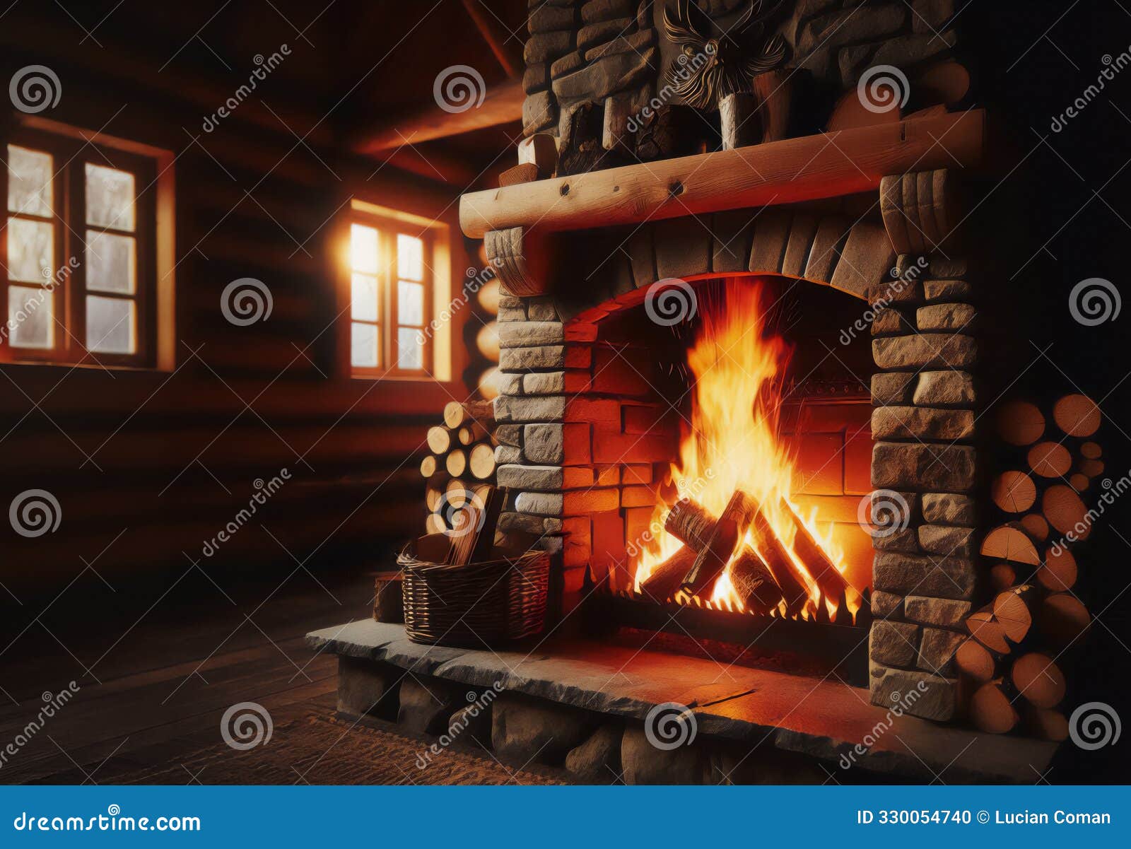 Close Up of Stone Fireplace in Log Cabin with Blazing Fire Stock ...