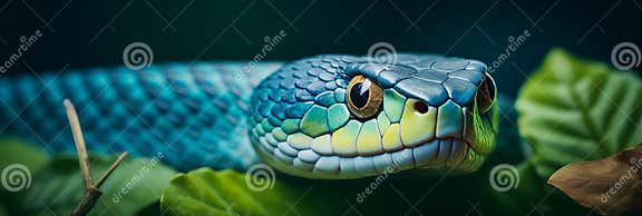 Close-up of Striking Blue Snake on Foliage. Space for Text Stock ...