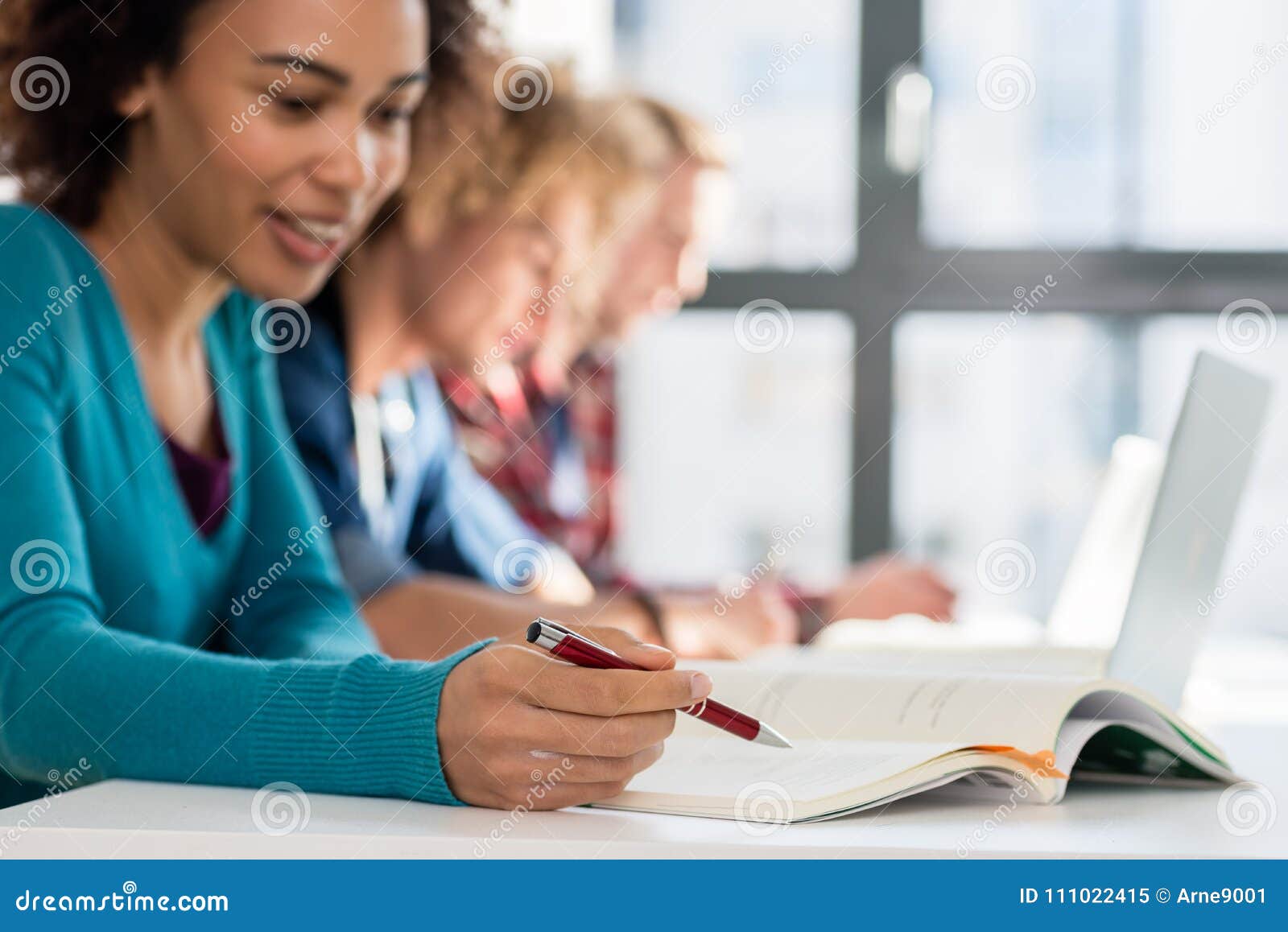 Close-up on Student Holding a Pen Over a Book while Studying Stock ...
