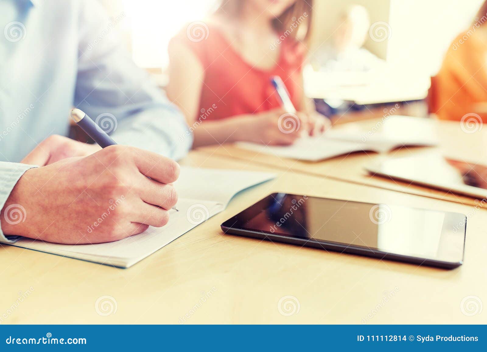 Close Up of Students Tablet Pc Writing at School Stock Photo - Image of ...