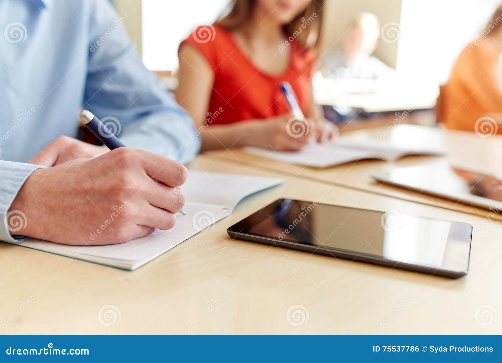 Close Up of Students Tablet Pc Writing at School Stock Photo - Image of ...