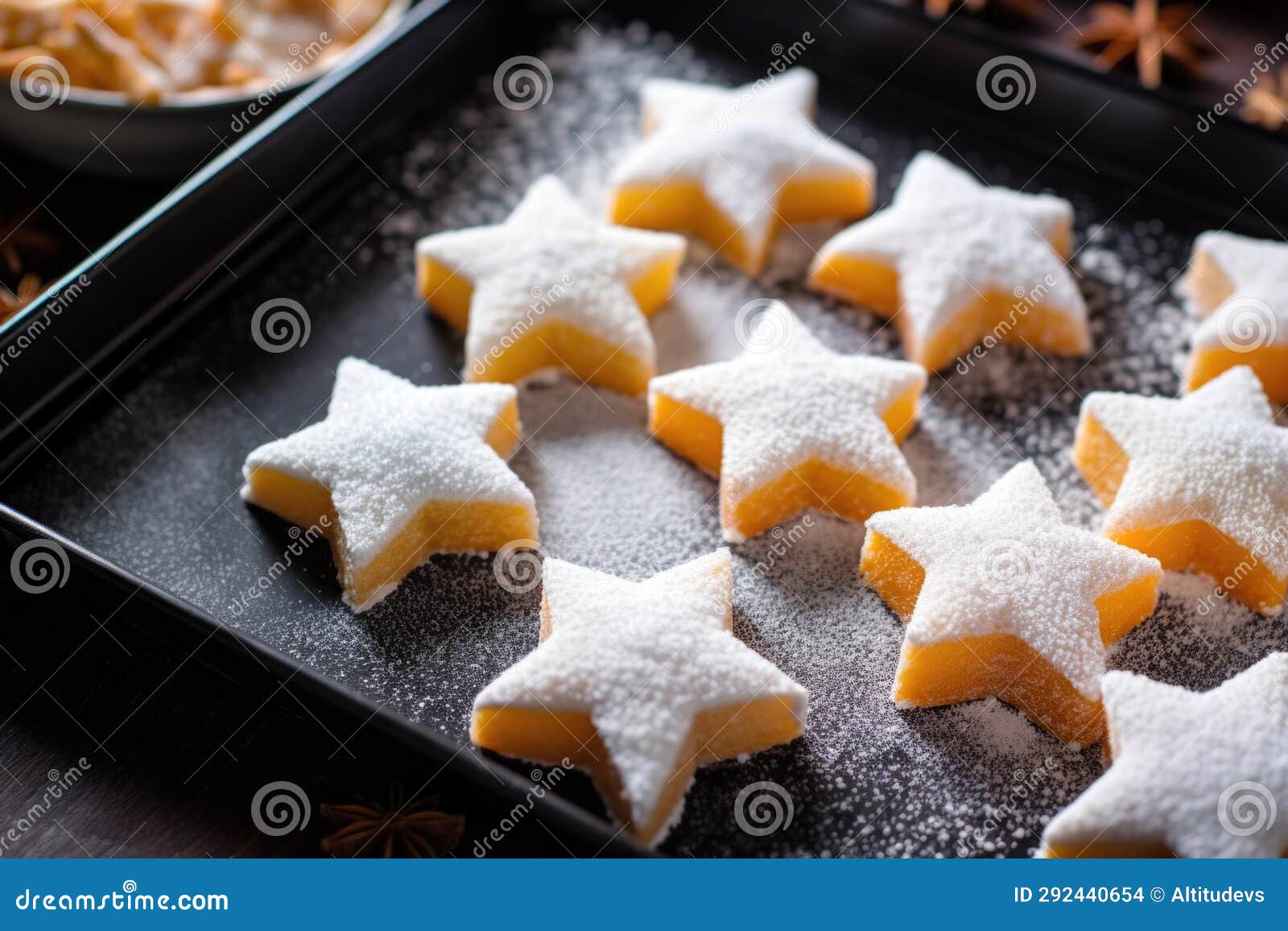 Close-up of Sugar-dusted, Star-shaped Cookies on a Baking Tray Stock ...