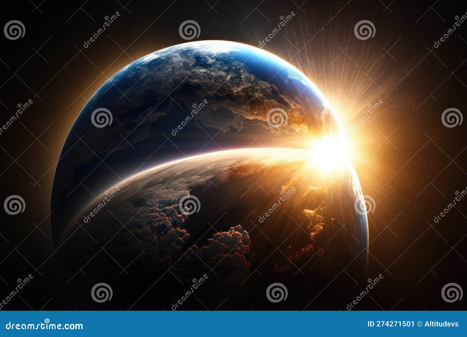 A Close-up of the Sun Rising Over a Globe, with Rays of Light Shining ...